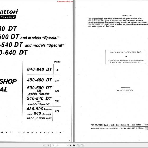Fiat Trattori 480 (DT), 500(S-DT), 540(S-DT), 640 (DT) Workshop Manual
