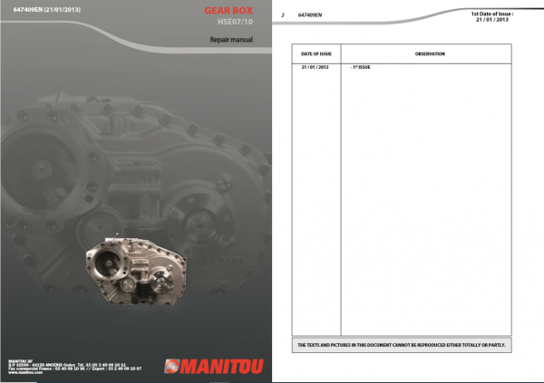 Manitou Gear Box HSE07-10(21/01/2013) Repair Manual_647409EN