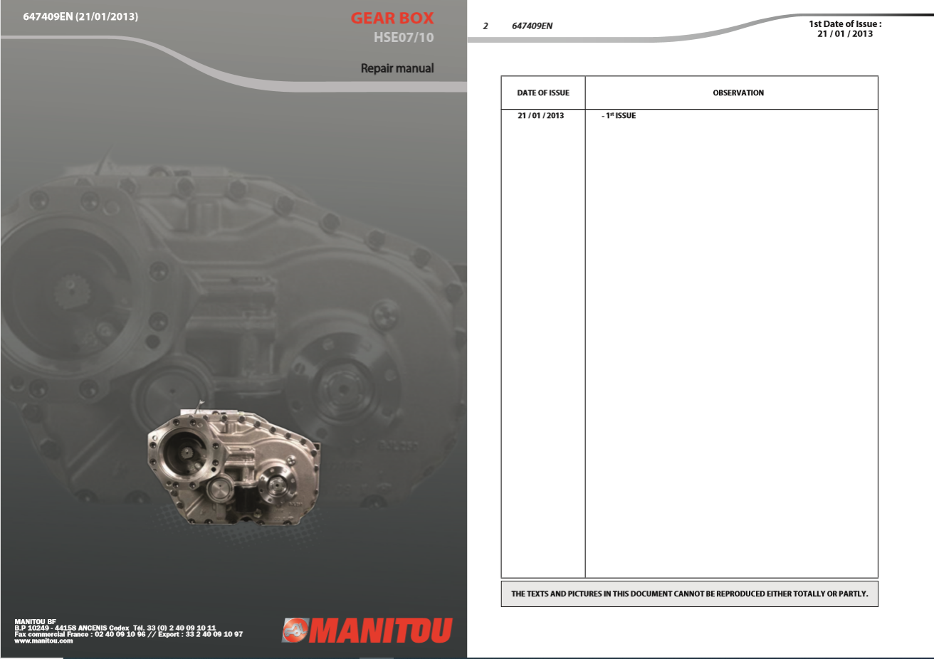 Manitou Gear Box HSE07-10(21/01/2013) Repair Manual_647409EN