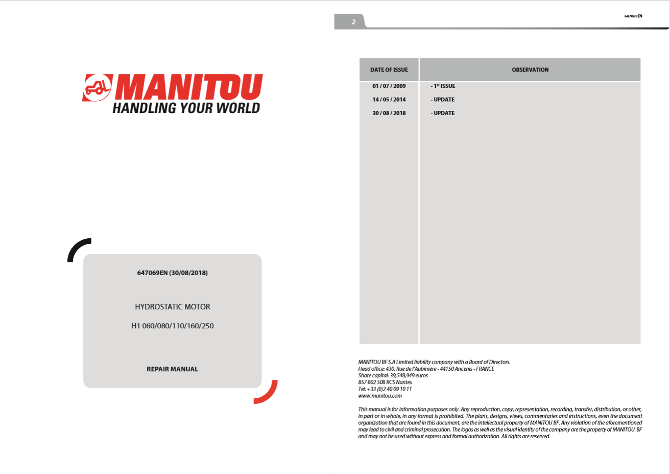 Manitou Hydrostatic Motor H1 060-080-110-160-250(30/08/2018) Repair Manual_647069EN
