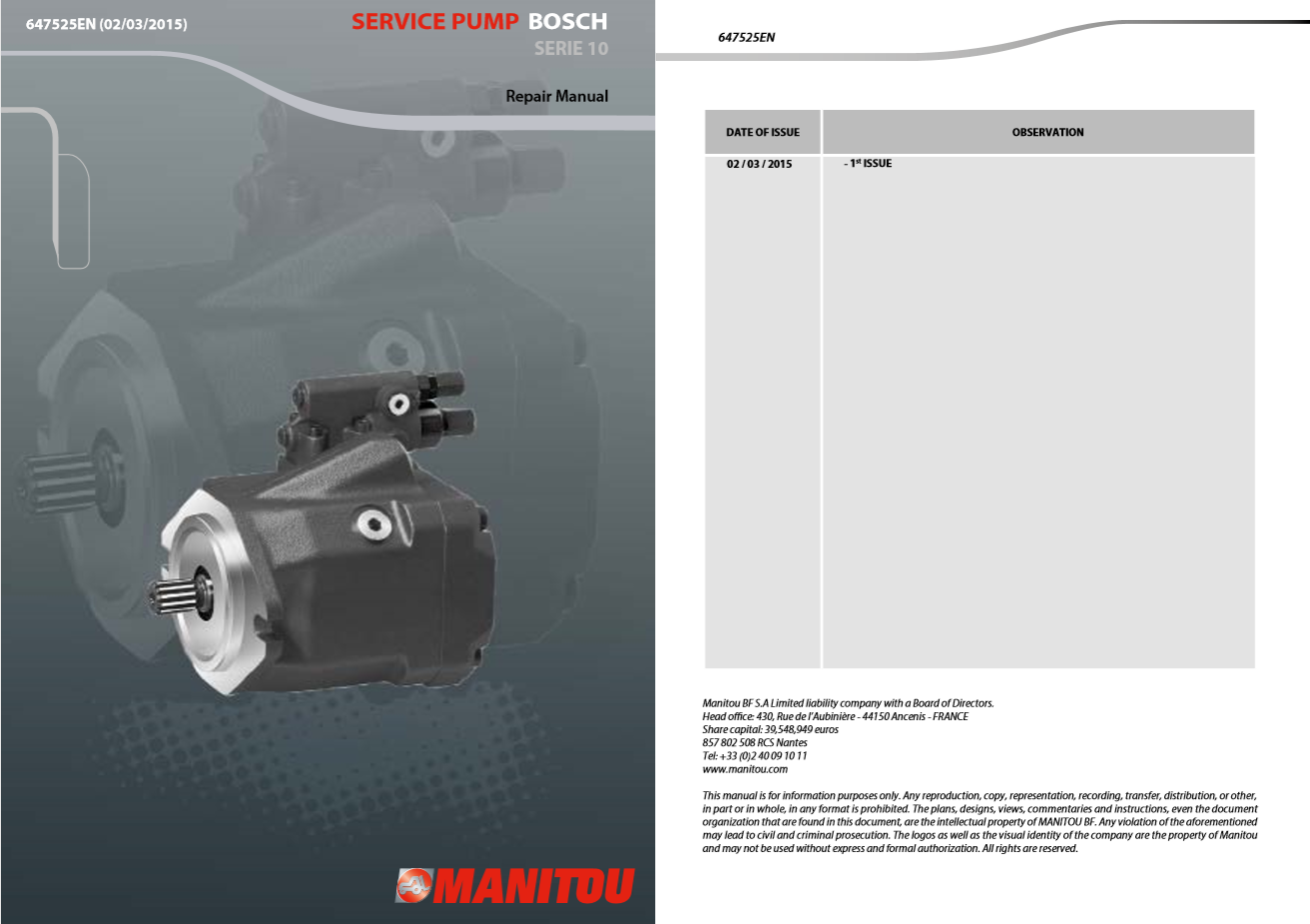 Manitou Service Pump Series 10 (02/03/2015) Repair Manual_647525EN