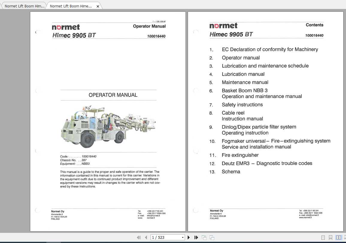 Normet Lift Boom Himec 9905 BT Operator & Spare Parts Manual