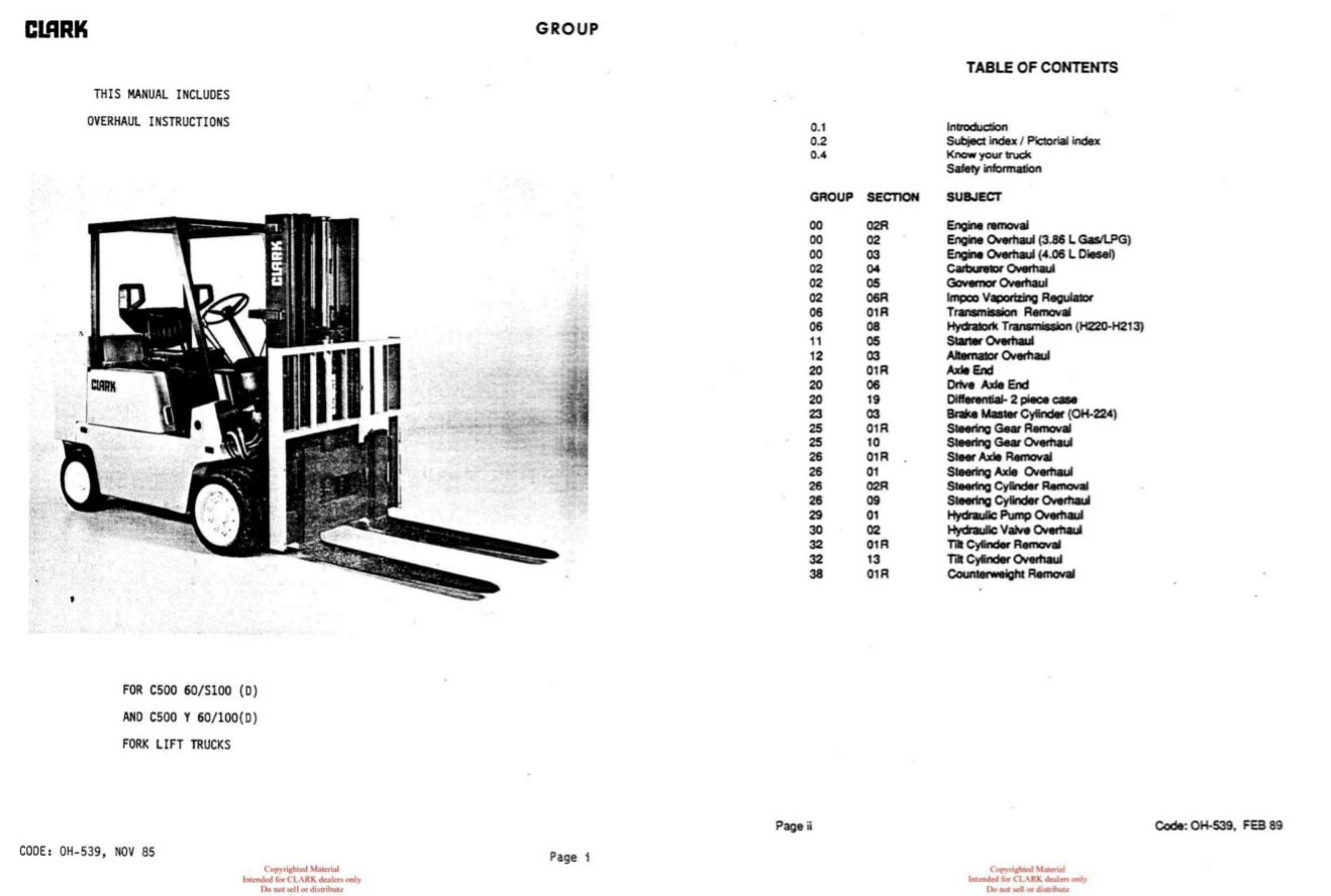 Clark Forklift OH-539 685 Y685 Overhaul Manual