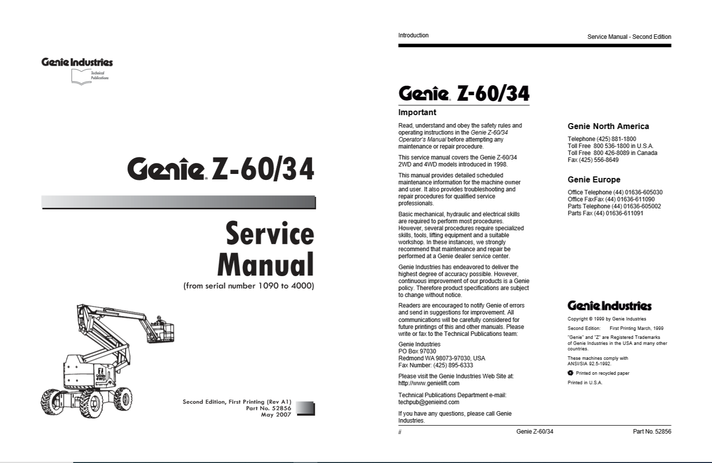 Genie Z-6034 Parts and Service Manuals