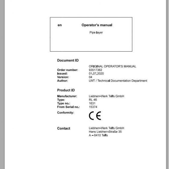 Liebherr Pipe Layer RL46 3A Operator's Manual_07-2020 - Auto Repair ...