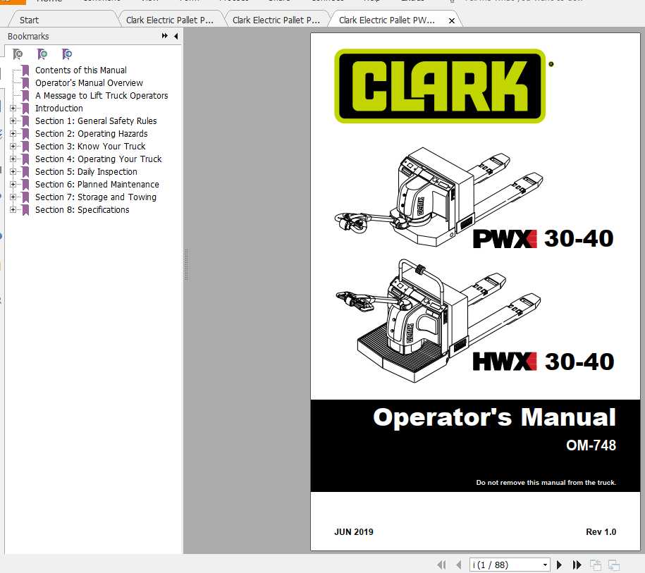 Clark Electric Pallet PWX30-40 HWX30-40 Operator's Manual
