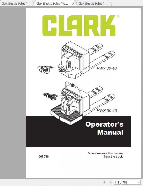 Clark Electric Pallet PWX30-40 HWX30-40 Operator's Manual