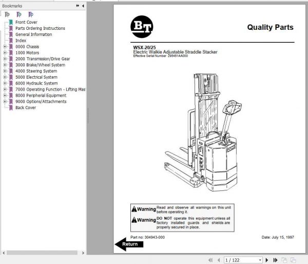BT Straddle Stacker WSX20 WSX25 Shop Manual