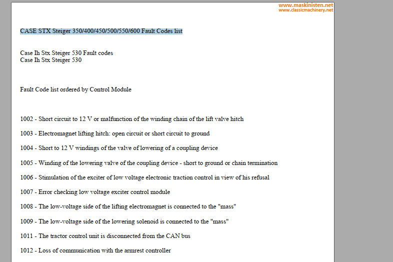 Case STX Steiger 350 600 Fault Codes List