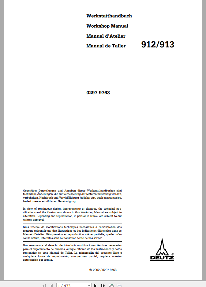 DEUTZ FAHR ENGINES 912-913 Workshop Manual