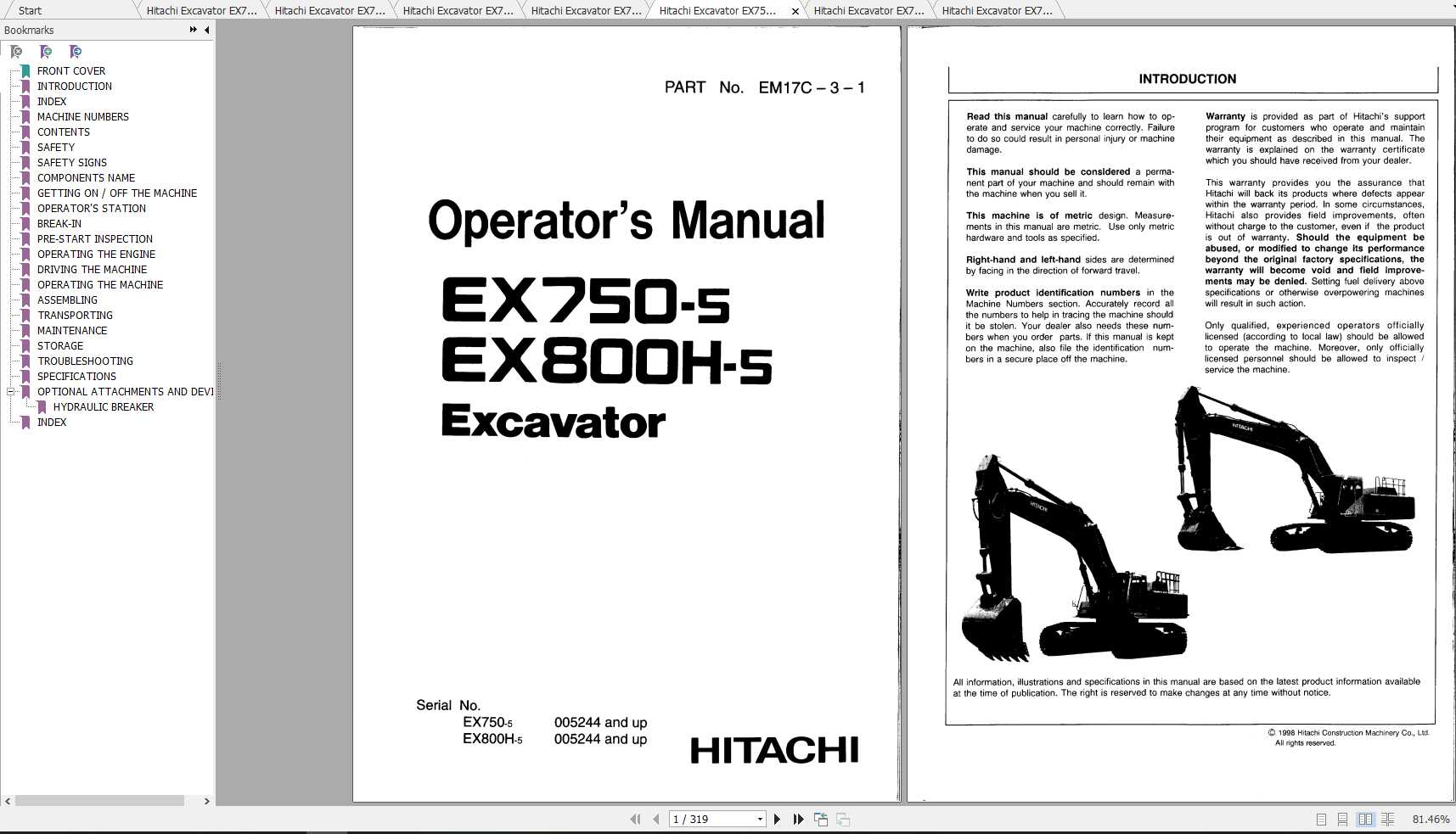 Hitachi Excavator EX750-5 EX800H-5 Shop Manuals