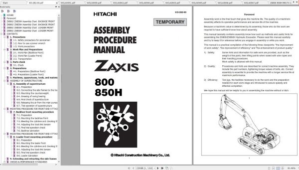 Hitachi Zaxis Excavator 800 850 Series Shop Manuals