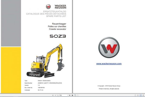 Wacker Neuson Crawler Excavator 50Z3 Spare Parts Catalogue