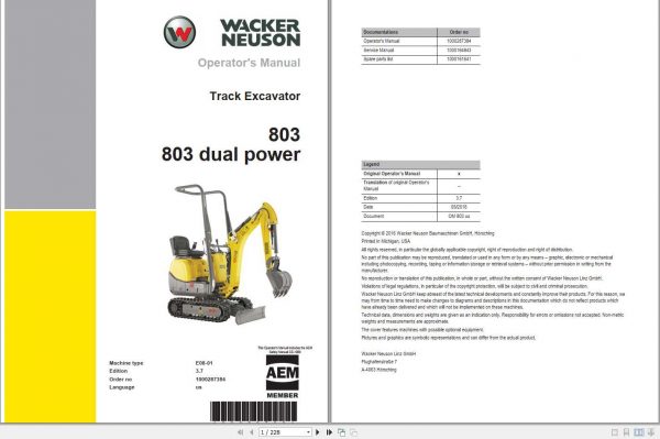 Wacker Neuson Track Excavator 803 Dual Power Operator's Manual