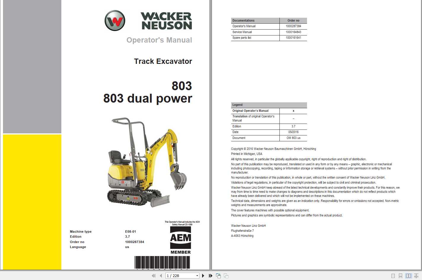 Wacker Neuson Track Excavator 803 Dual Power Operator's Manual
