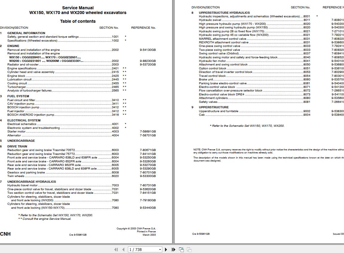 Case Wheeled Excavators WX150,WX170,WX200 Service Manual & Part Catalog