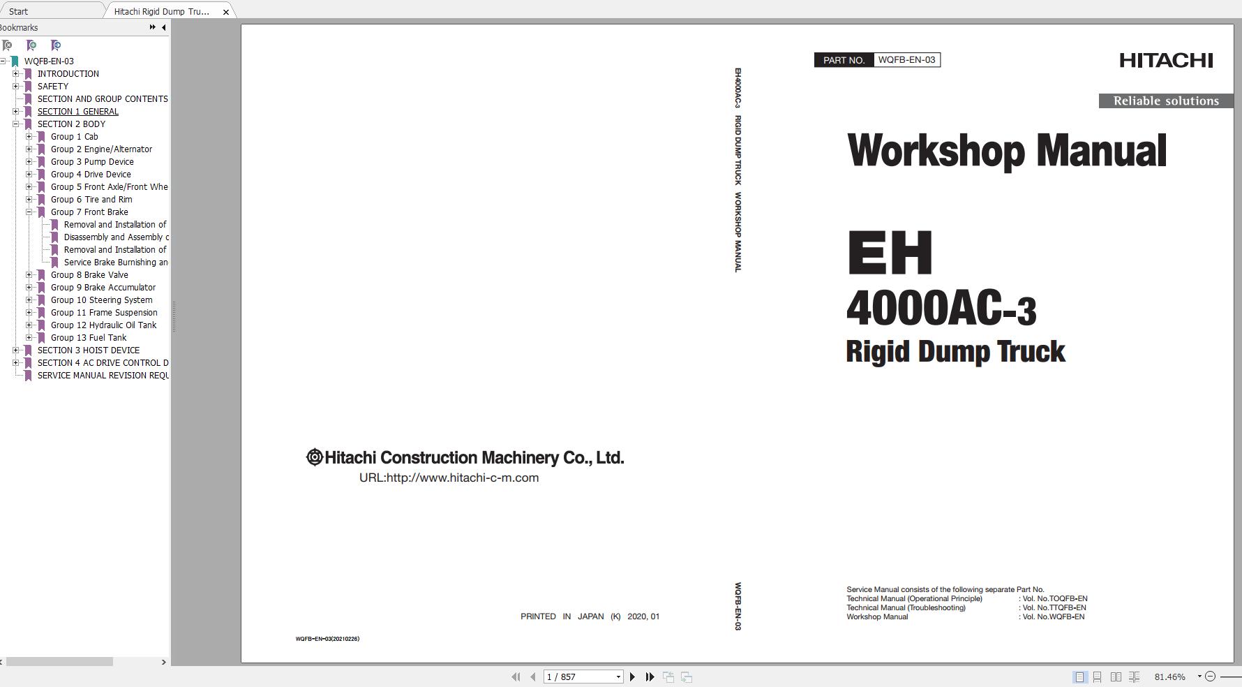 Hitachi Rigid Dump Truck EH4000AC-3 Shop Manual Updated 2021