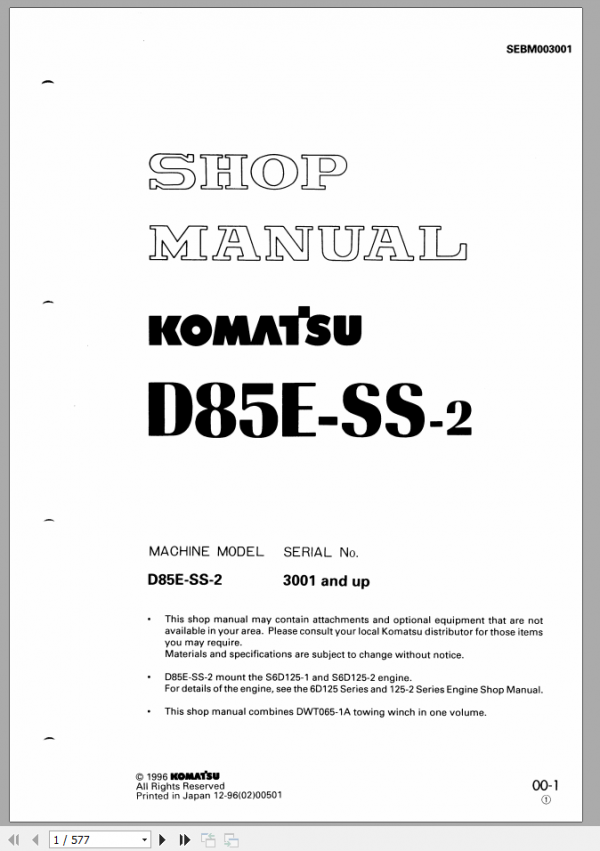Komatsu D85ESS-2 Shop Manual_SEBM003001