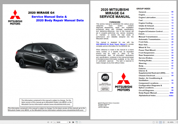 Mitsubishi Mirage G4 2020 Service & Body Repair Manual