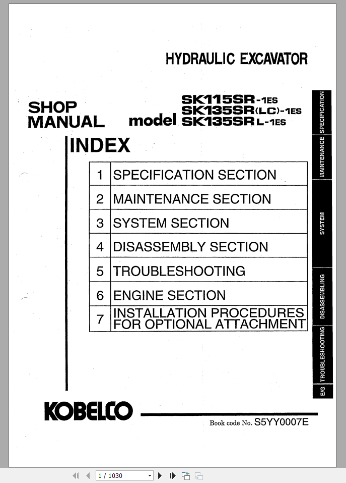 Kobelco Hydraulic Excavator SK115SR-1ES SK135SR (LC)-1ES SK135SR L-1ES Shop Manual_S5YY0007E