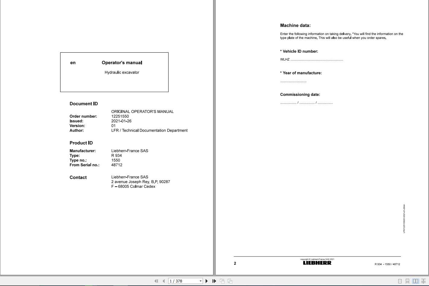 Liebherr Hydraulic Excavator R934 G8.0 - D V 1550 48712 Operator's ...