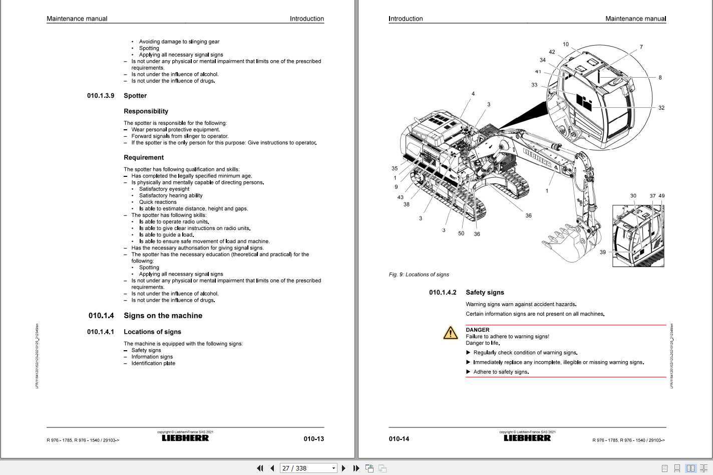 Liebherr Hydraulic Excavator R976 1540 - 1785 29103 Maintenance Manual ...
