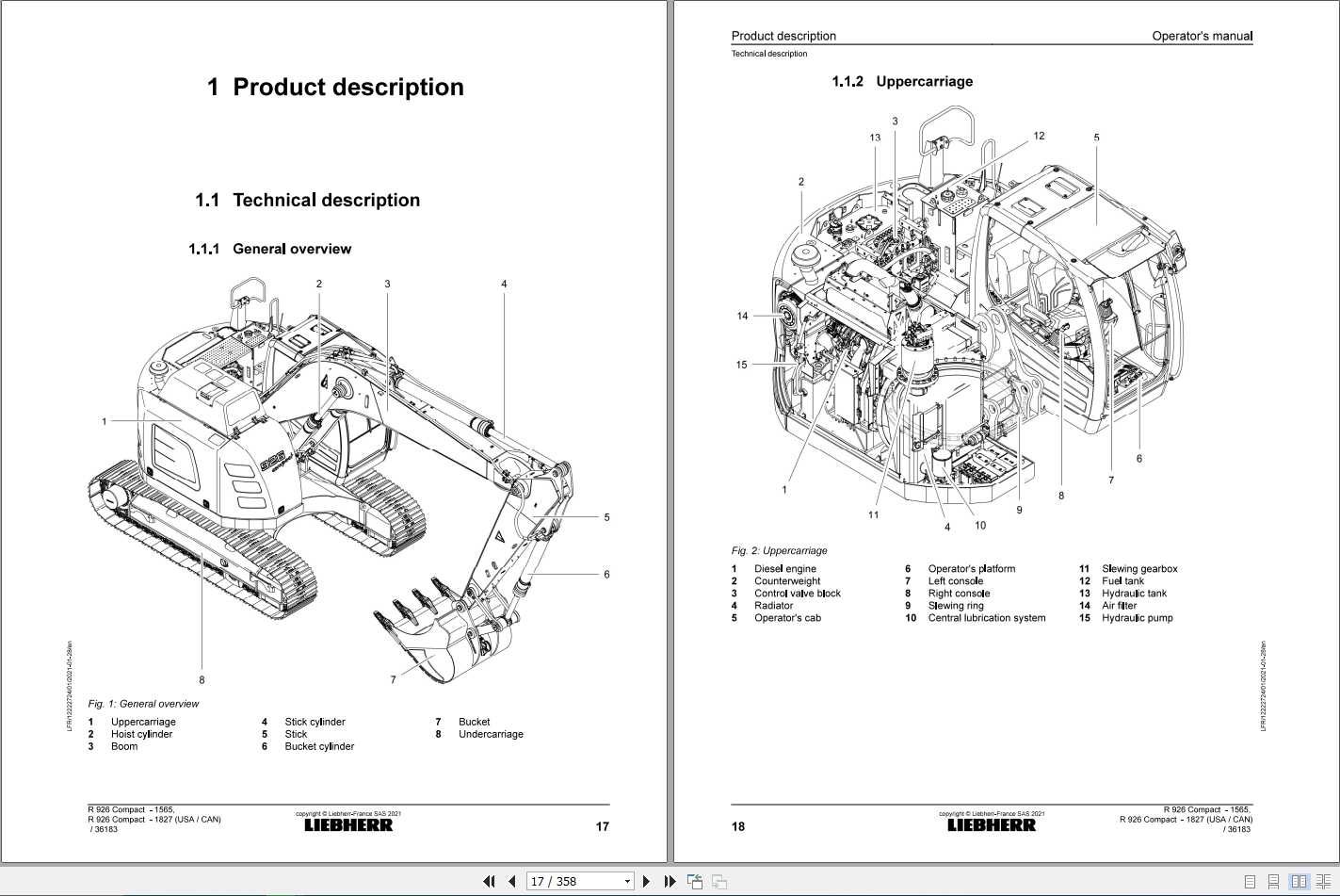 Liebherr Hydraulic Excavator R926 Compact US 1565 1827 36183 Operator's ...