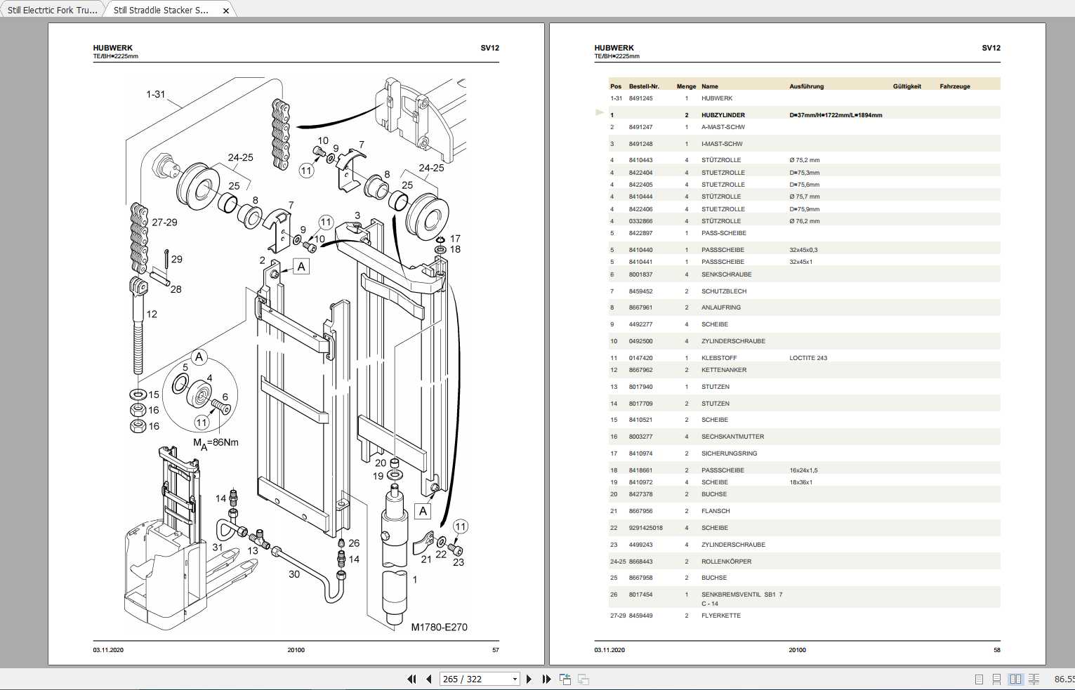 Still Straddle Stacker SV12 Spare Parts List DE
