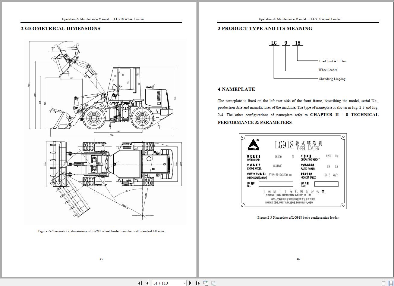SDLG Wheel Loader LG918 Operation & Maintenance Manual
