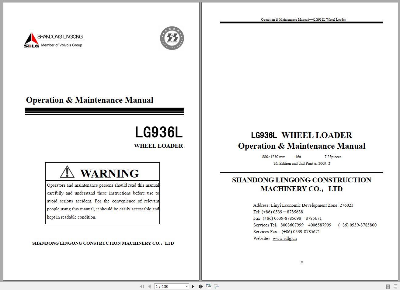 SDLG Wheel Loader LG936L Operation & Maintenance Manual