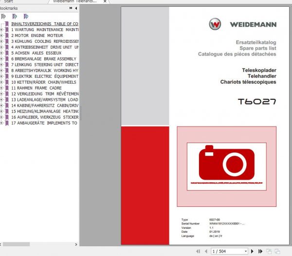 Weidemann Telehandler T6027 1.1 6027-00 Spare Parts List EN+DE+FR