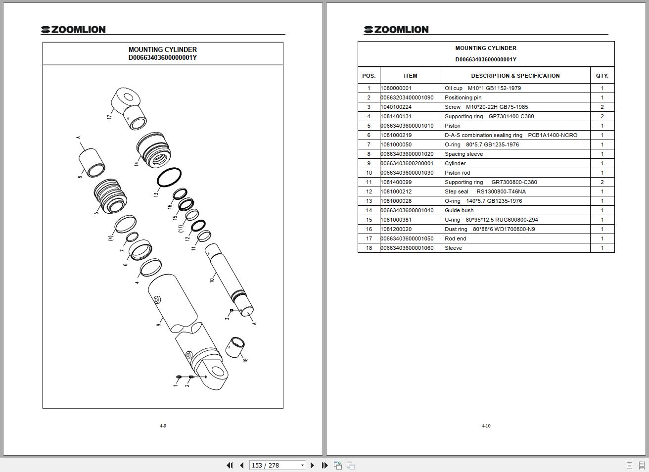 Zoomlion Crawler Crane QUY260CR/F32Y Parts Manual EN
