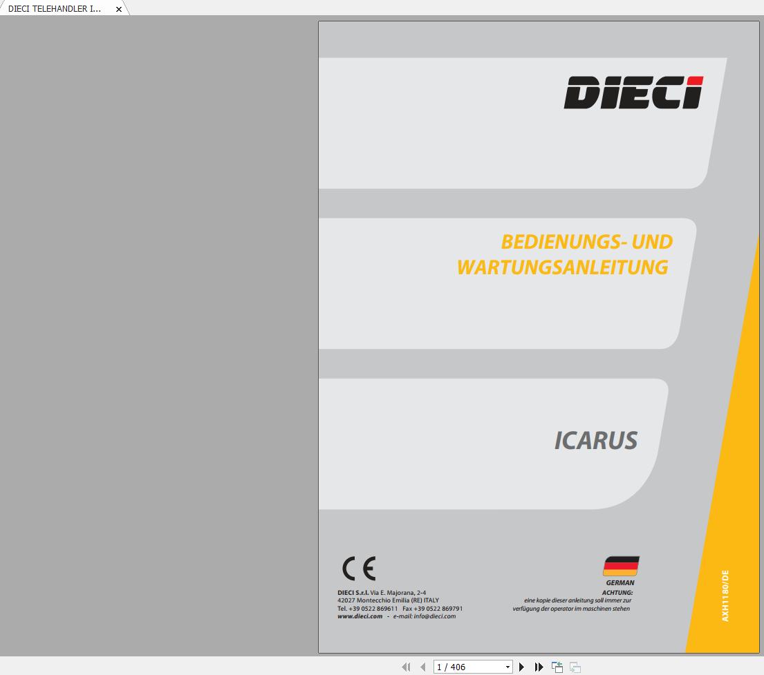 DIECI TELEHANDLER ICARUS 38.14, 40.14, 40.17 Service Manual AXH1180 DE