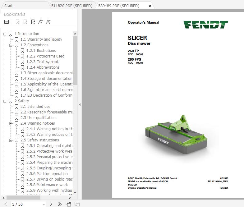 FENDT Slicer 260 FP 260 FPS Disc mower FR EN DE ES Operator's Manual