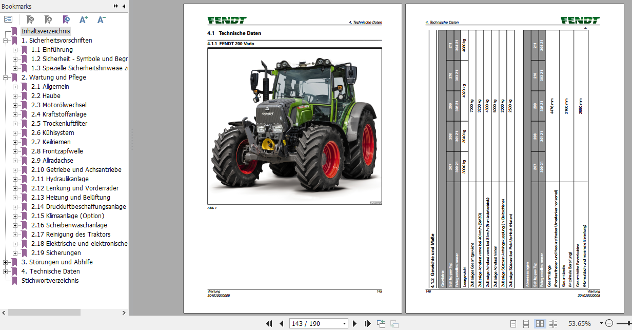 Fendt Tractor 200 Vario VFP S3 VIN 300 - 304 Operator, Diagram ...