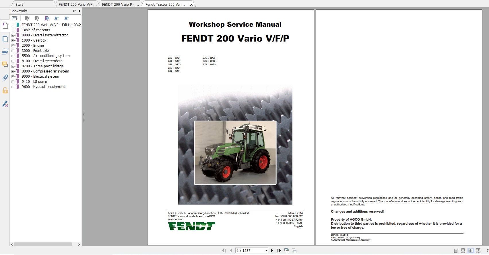 Fendt Tractor 200 Vario VFP Com3 VIN 260-264 & 272-274 Diagram, Operator, Workshop Manual_EN