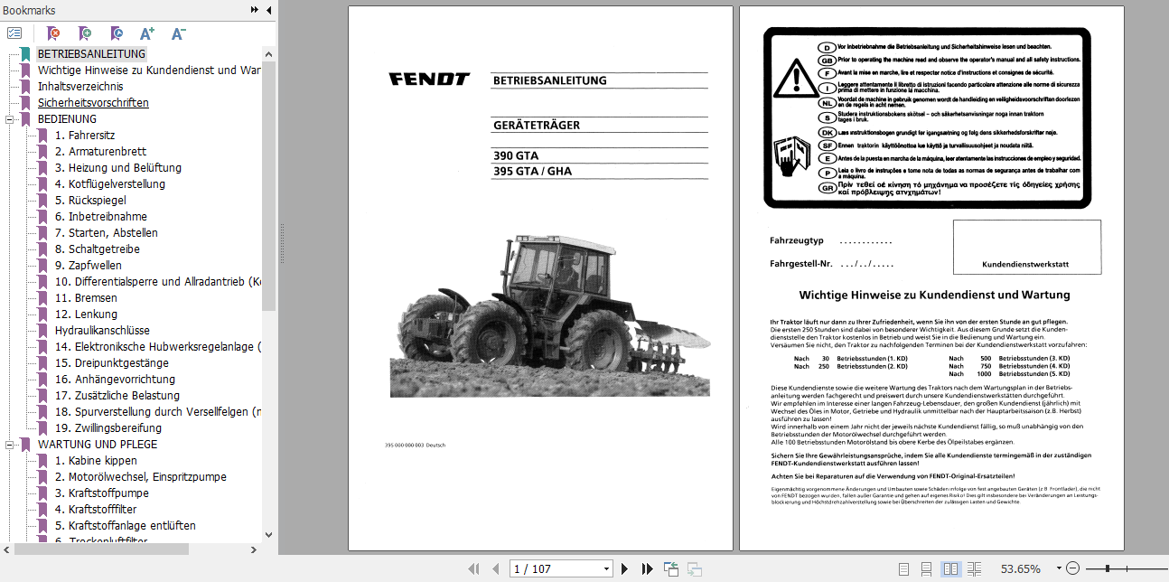 Fendt Tractor 300 GT VIN 148 - 395 Operator, Diagram, Workshop Manual ...