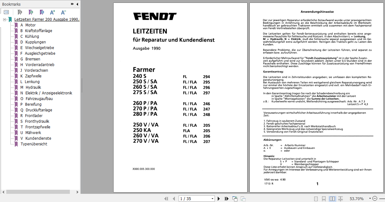 Fendt Tractor DE Famer 200 Series Repair Time Schedule_German