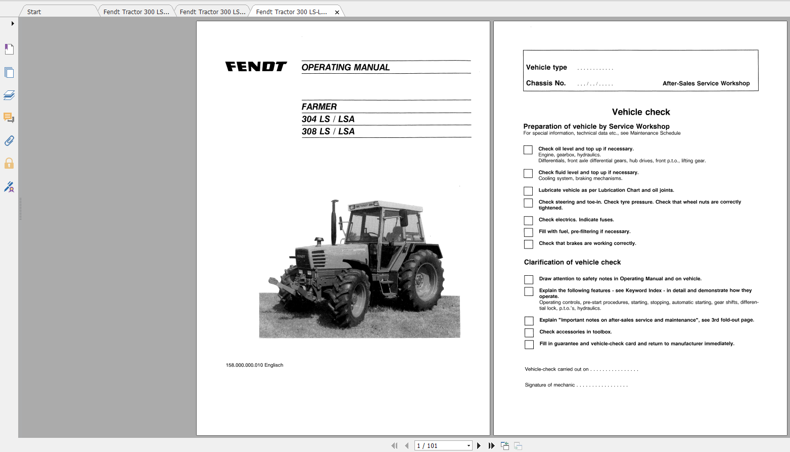 Fendt Tractor Farmer 300 Ls Lsa VIN 158-199 Operation Manual, Workshop ...