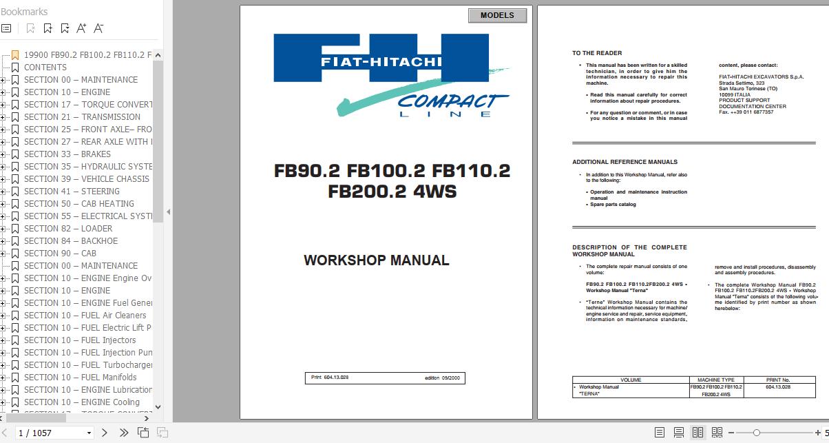 Fiat Hitachi Backhoe Loader FB90.2 FB100.2 FB110.2 FB200.2 4WS Workshop Manual
