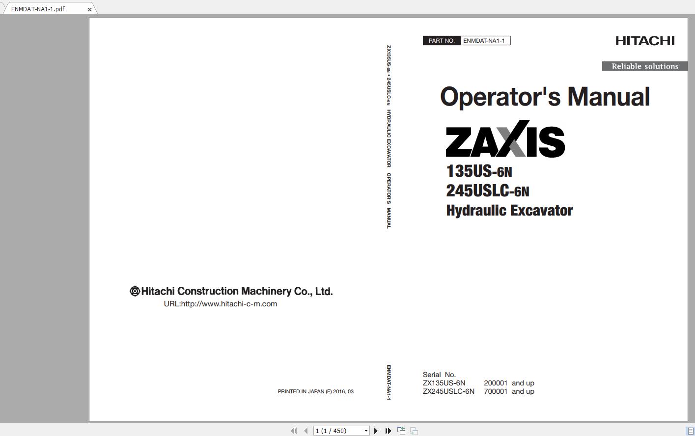 Hitachi Hydraulic Excavator ZX135US-6N, ZX245USLC-6N Operators Manual
