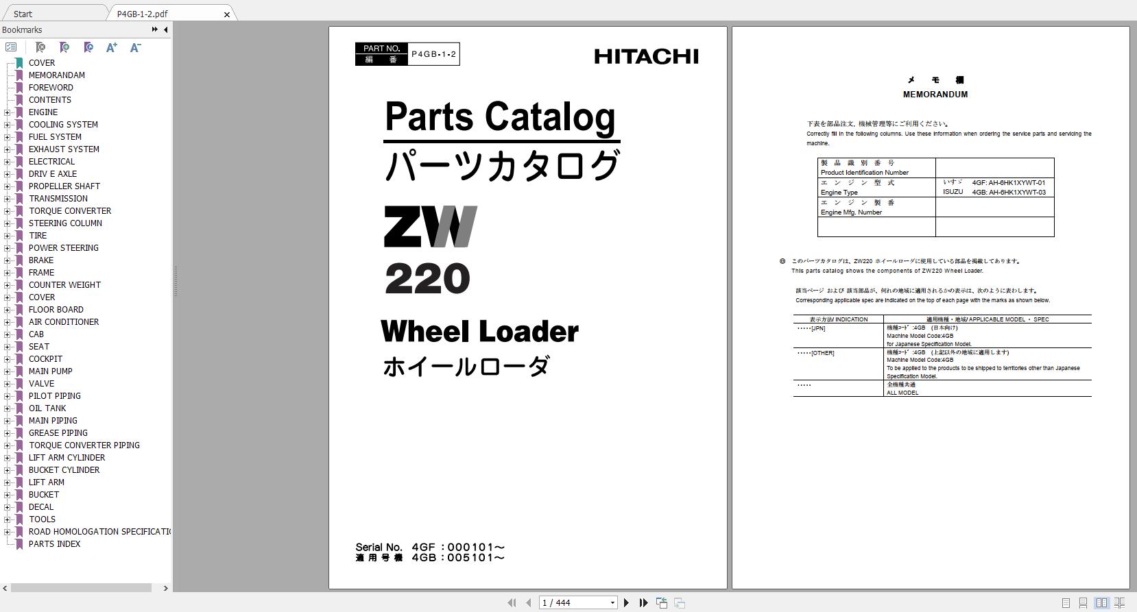 Hitachi Wheel Loader ZW220 Parts Catalog EN+JP