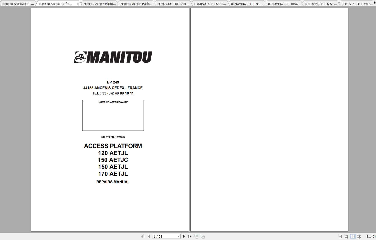 Manitou Access Platform 120 150 170 AETJL 150 AETJC Repair & Operator ...