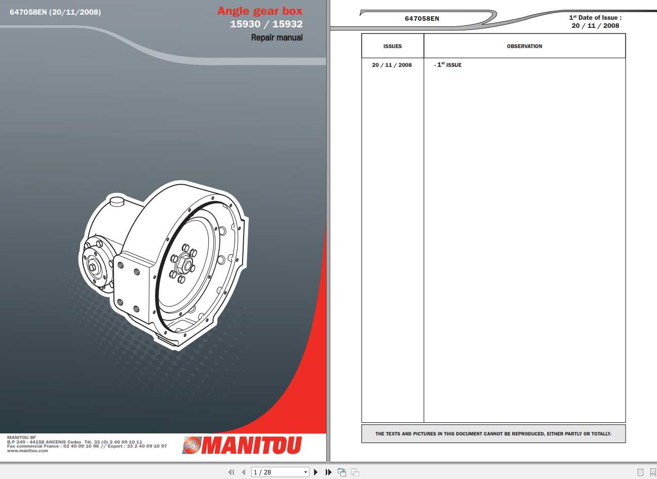 Manitou Angle Gear Box 15930 15932 Repair Manual 647058EN