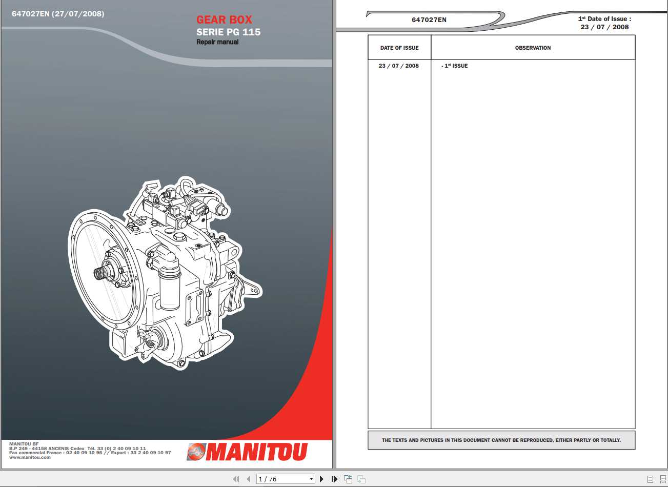 Manitou Gear Box Serie PG 115 Repair Manual 647027EN