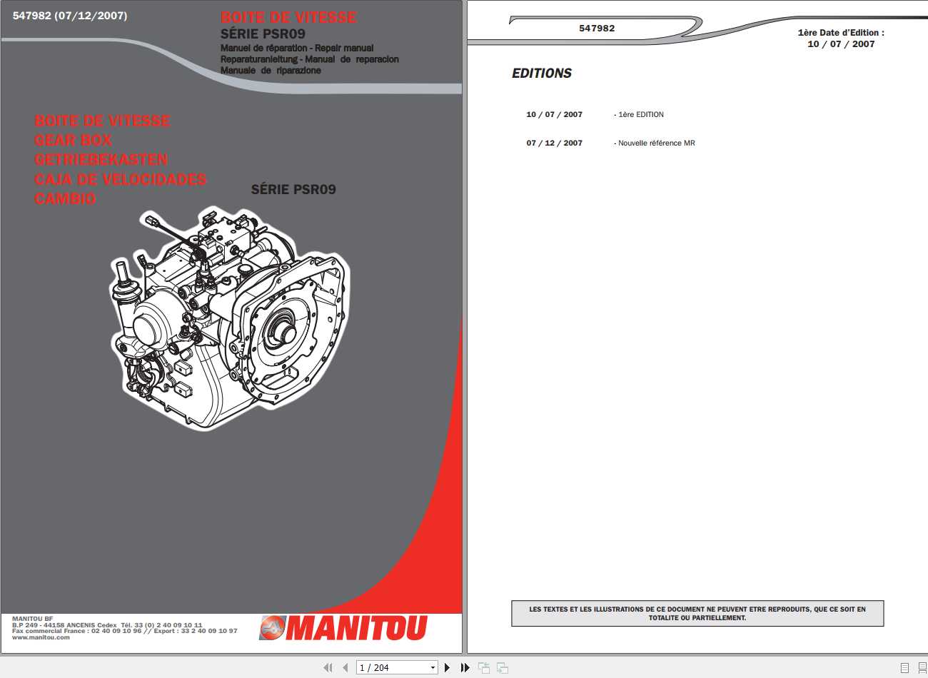 Manitou Gear Box Series PSR09 Repair Manual 547982