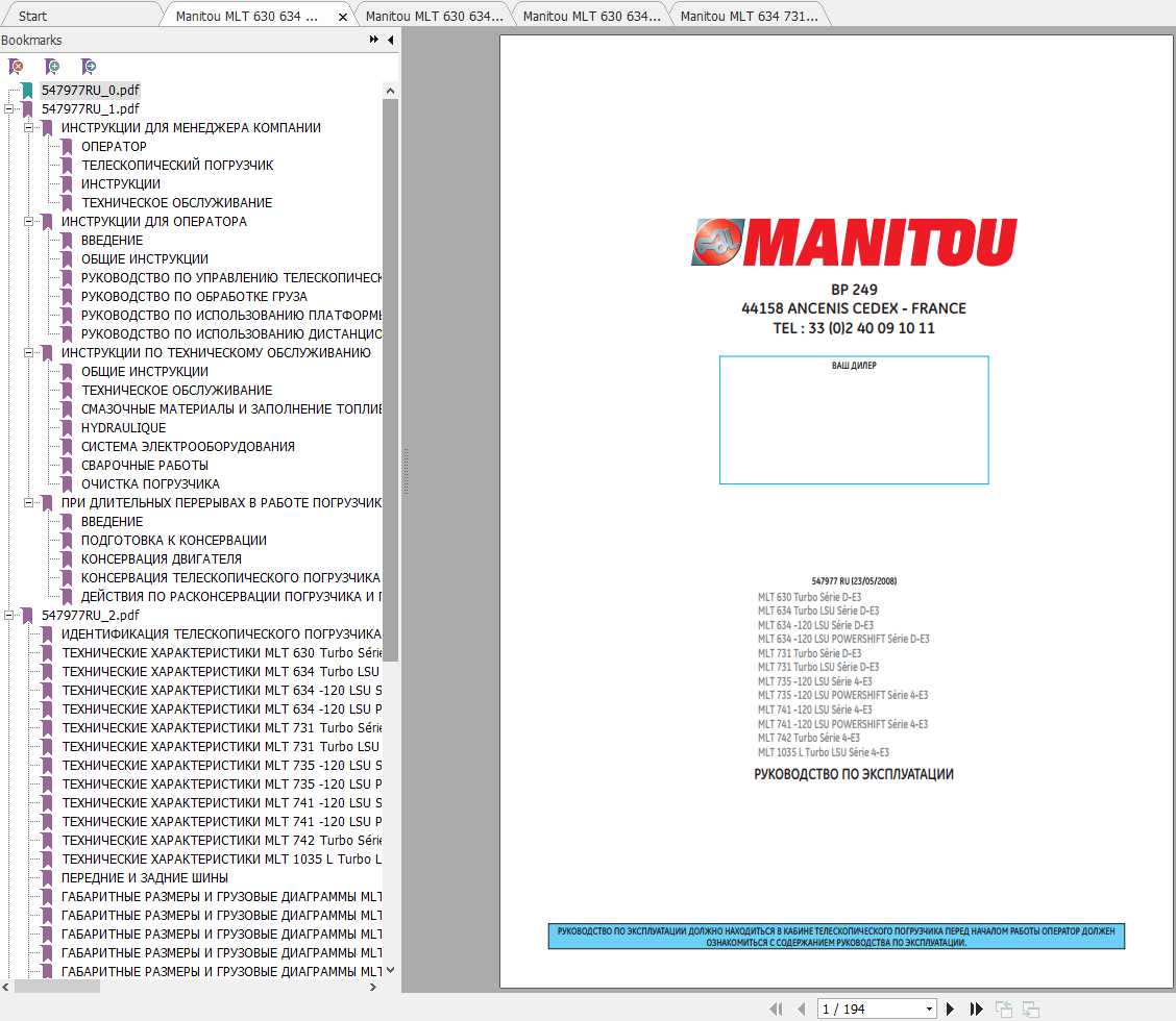 Manitou MLT 630 634 731 735 741 742 1035 Operator's Manuals