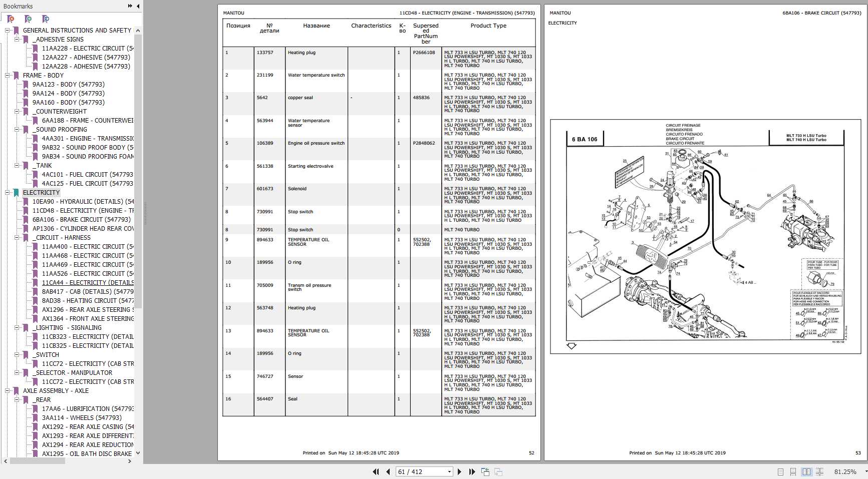 Manitou MLT 733 H LSU TURBO Genuine Parts Catalogue
