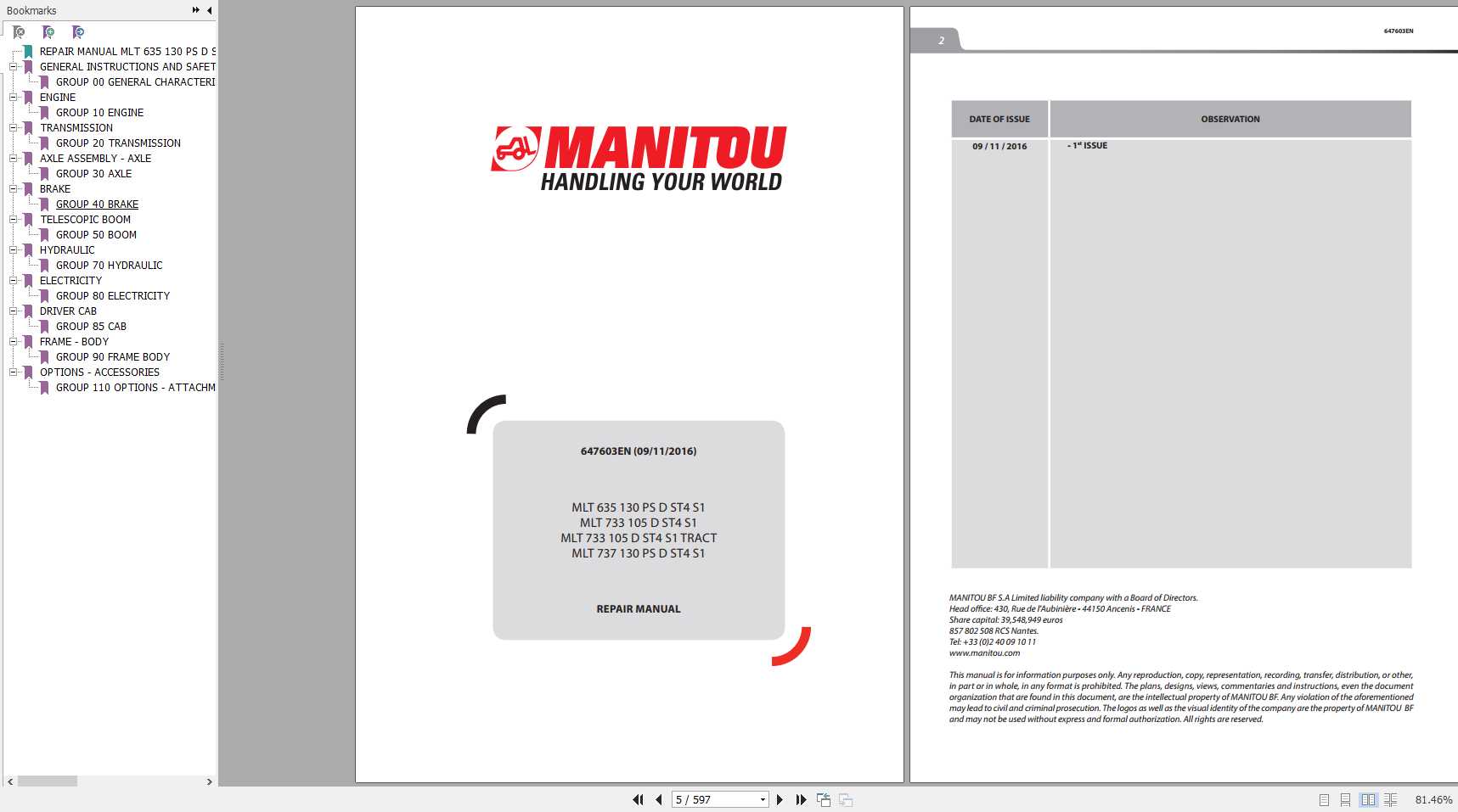 Manitou MLT635 MLT737 MLT733 (TRACT) D ST4 S1 Repair Manual 647603EN