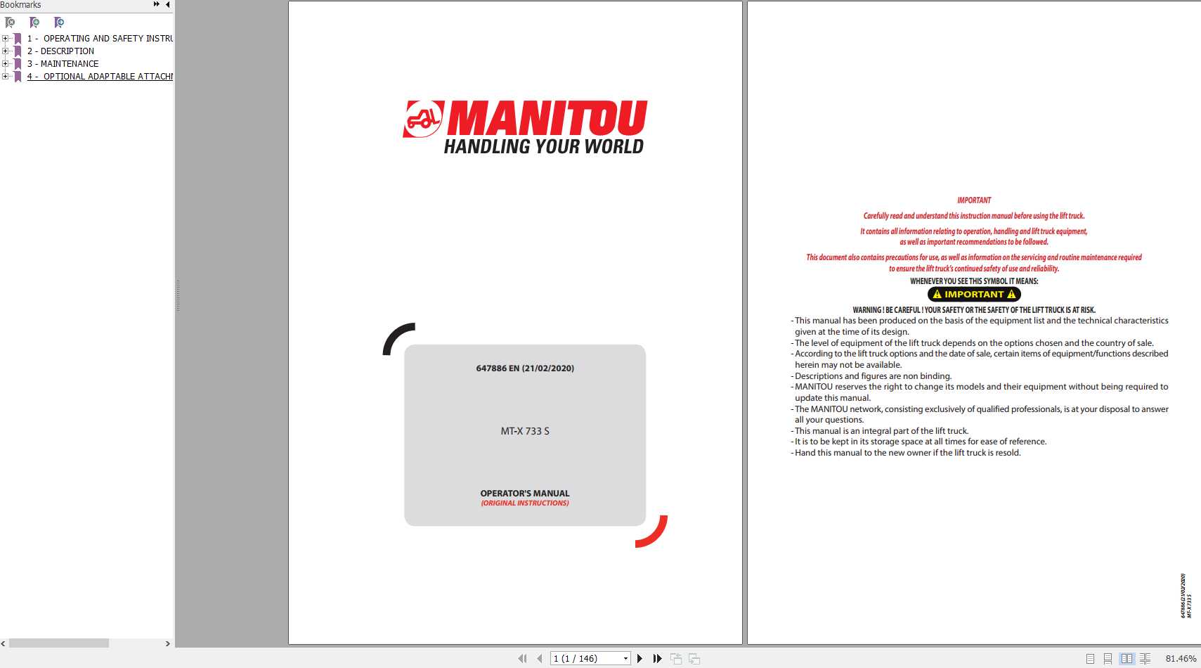 Manitou MT-X 733 S Operator's Manual 647886EN 21-02-2020
